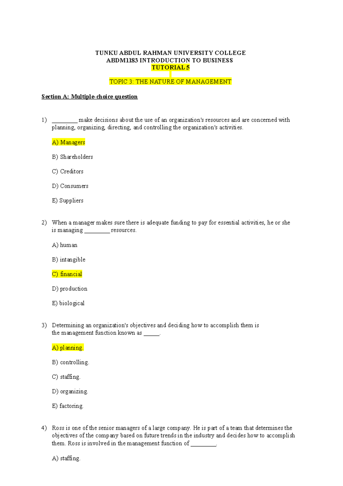 Tutorial 5 - TUNKU ABDUL RAHMAN UNIVERSITY COLLEGEABDM1183 INTRODUCTION ...