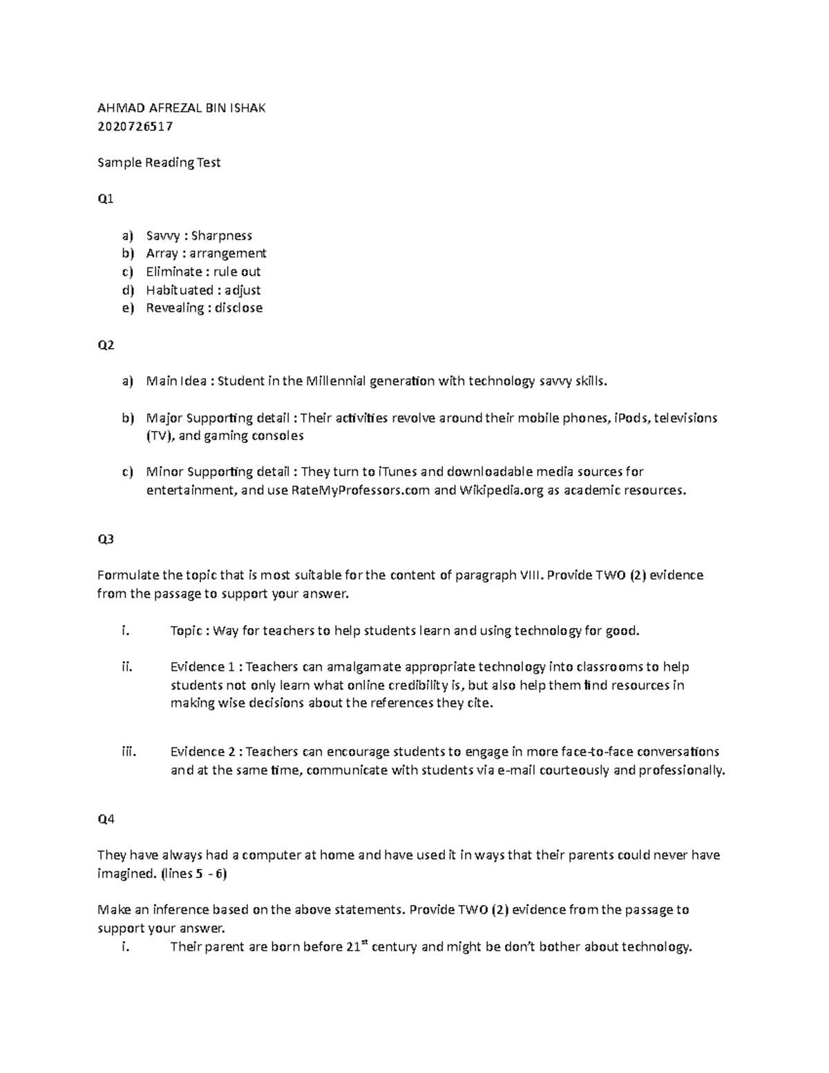 ANS - Reading test - For practice - AHMAD AFREZAL BIN ISHAK 2020726517 ...