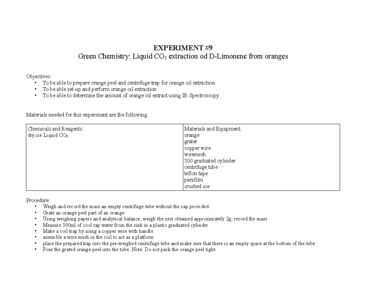 1 AI Prelab 9 orange oil extract - EXPERIMENT Green Chemistry: Liquid ...