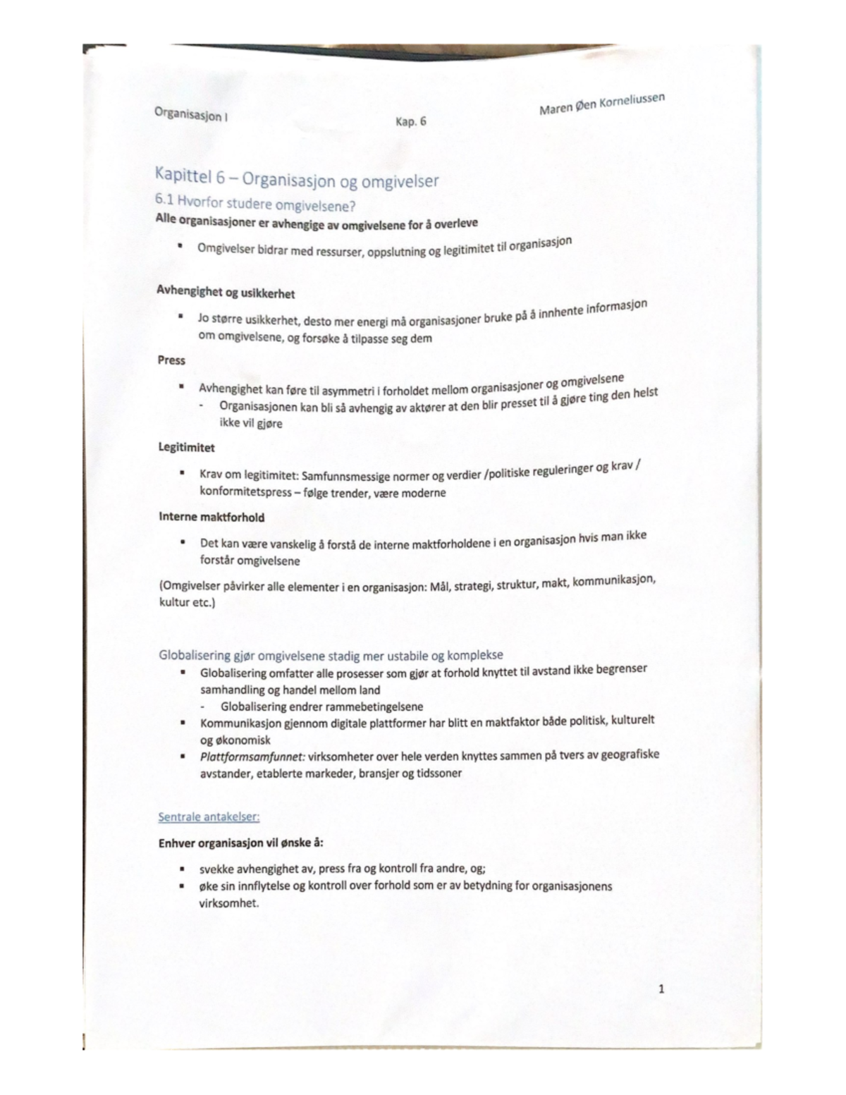 Kapittel 6 - Organisasjon og omgivelser - ØAO001 - Studocu