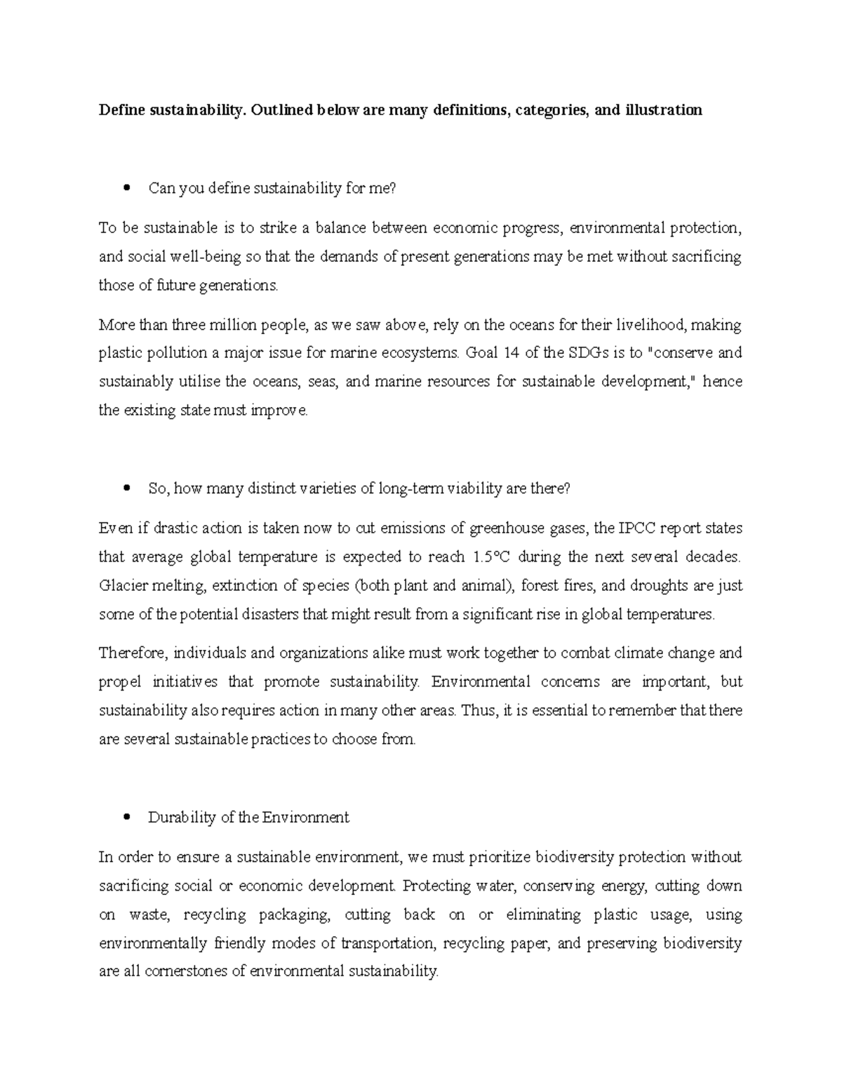 Define sustainability (Notes) - Define sustainability. Outlined below ...