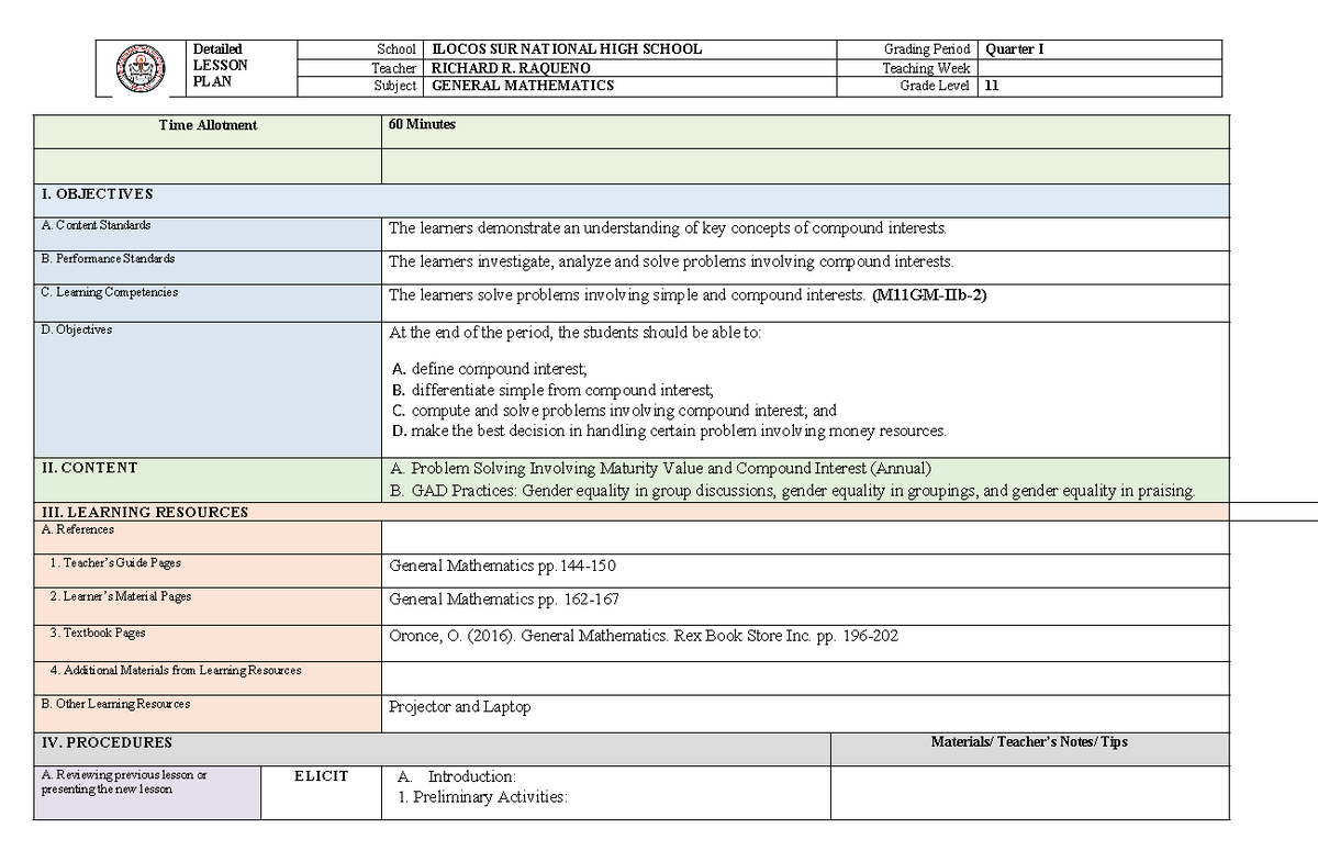 Lesson Plan in General Math with GAD Integration - Detailed LESSON PLAN ...