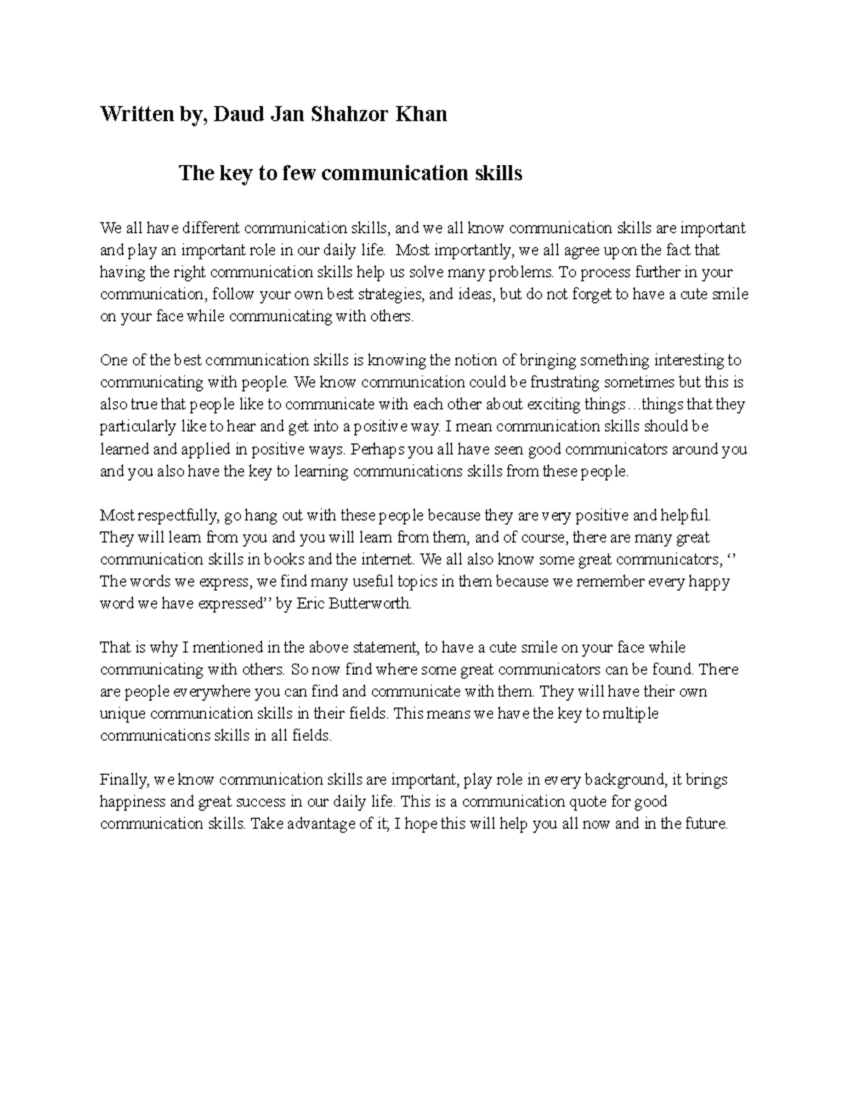 UW The key to few communication skills - Written by, Daud Jan Shahzor ...