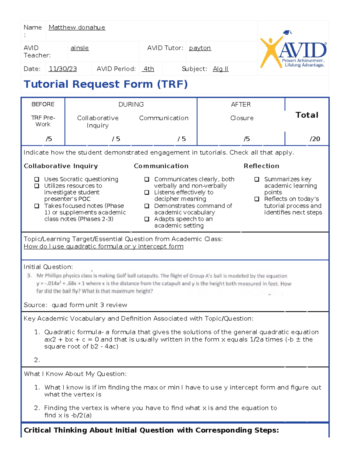 TRF 11 30th of the month - Name : Matthew donahue AVID Teacher: ainsle ...