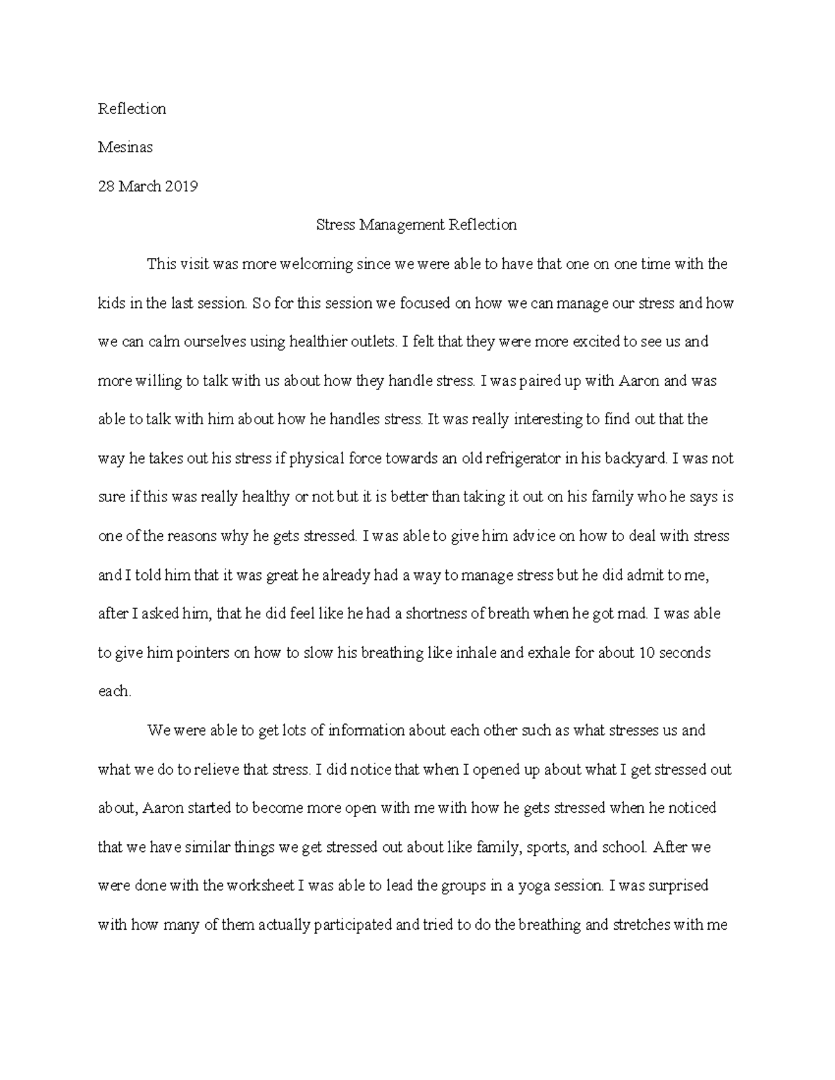 Stress Management Reflection - Reflection Mesinas 28 March 2019 Stress ...