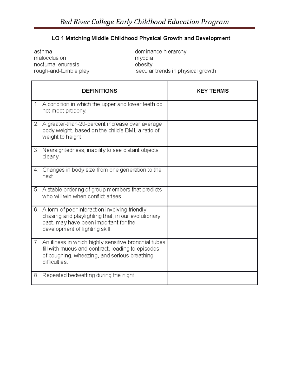 LO 1 Matching Middle Childhood Physical Growth and Development - A ...