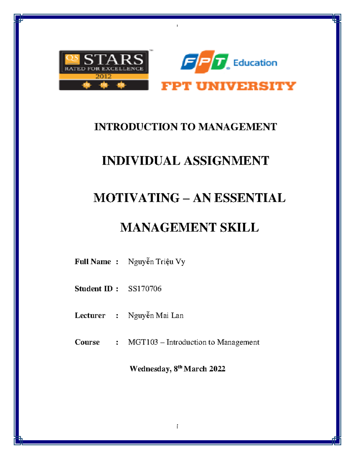 Individual Assignment NGUYỄN TRIỆU VY SS170706 MGT103 - i i INTRODUCTION TO MANAGEMENT ...