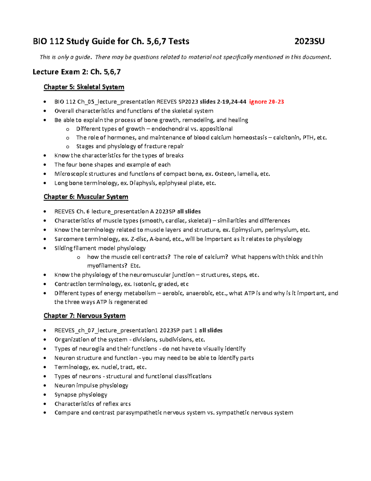 BIO 112 Study Guide Exams 2 2023SU - BIO 112 Study Guide for Ch. 5,6,7 ...