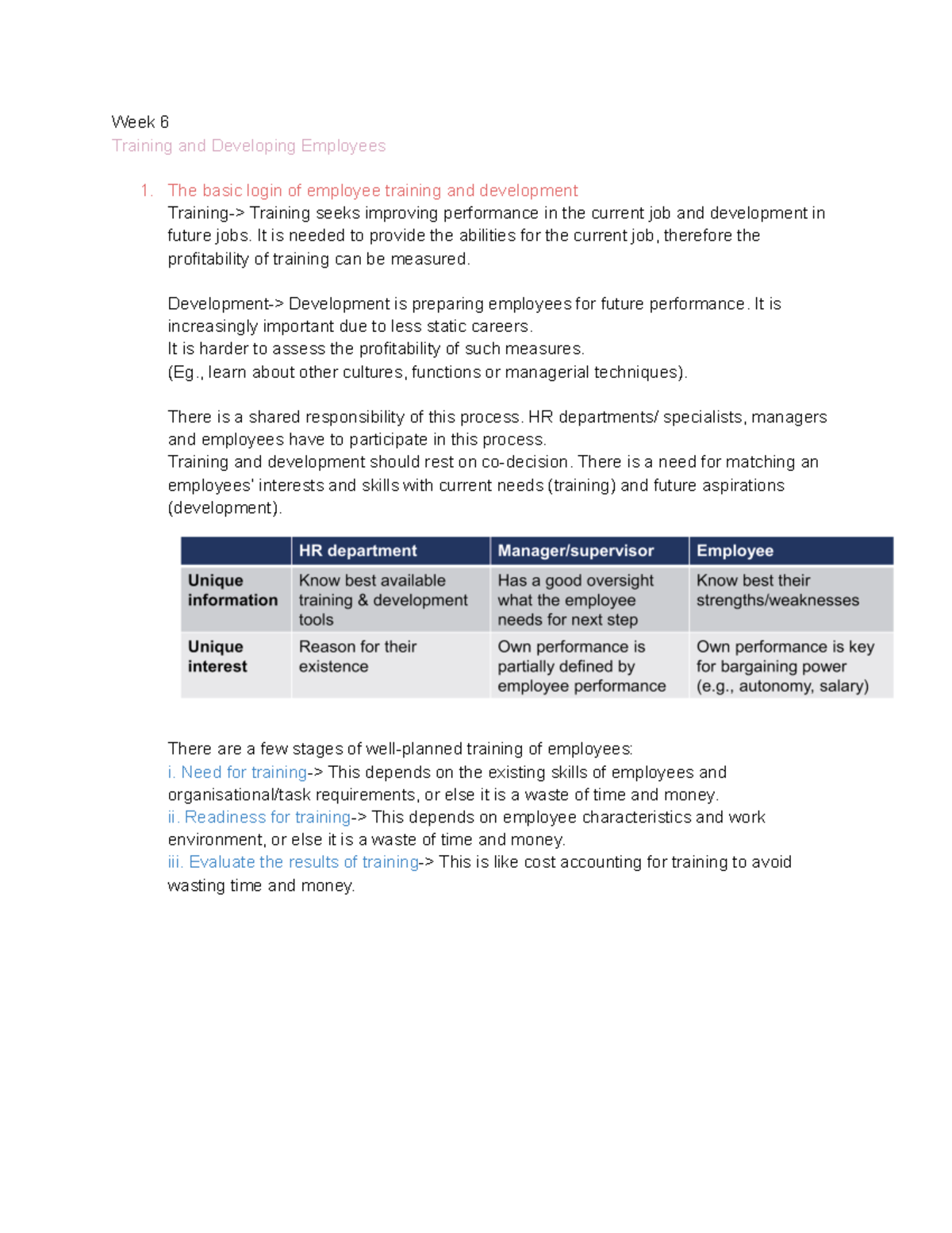 Human Resources Notes Week 6 - Week 6 Training and Developing Employees ...