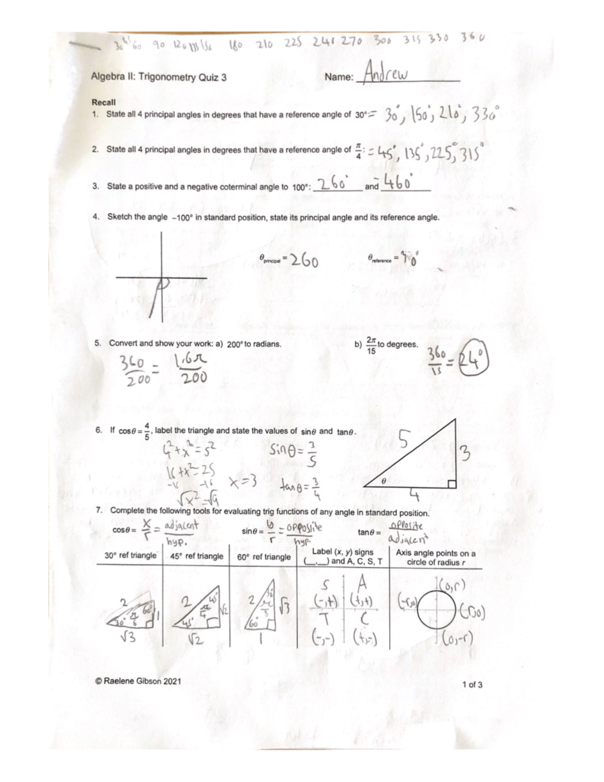 Algebra Il Trigonometry Quiz 3 - State all 4 principal angles in ...