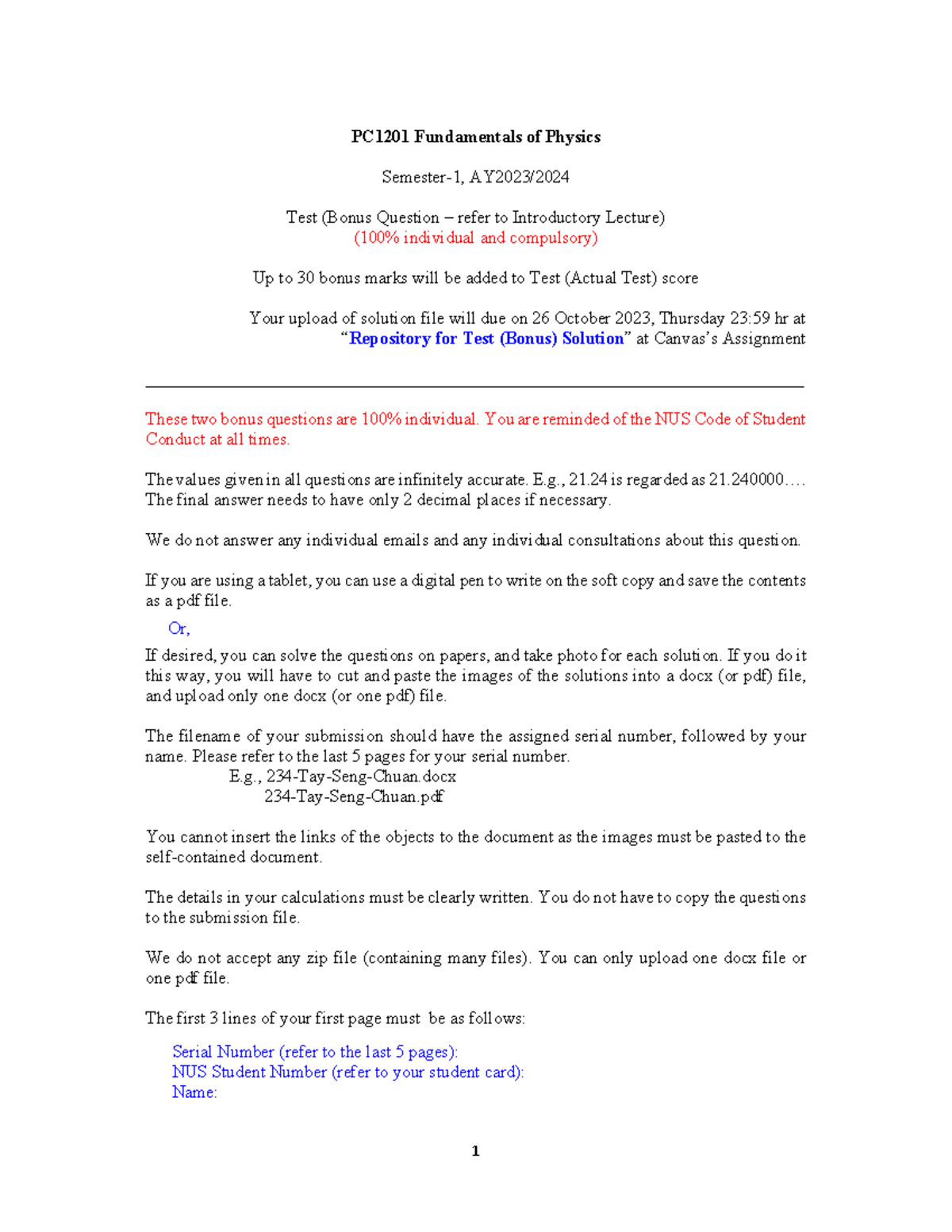 PC1201 Test (Bonus) Question Semester-1 AY2023-24 - PC1201 Fundamentals ...