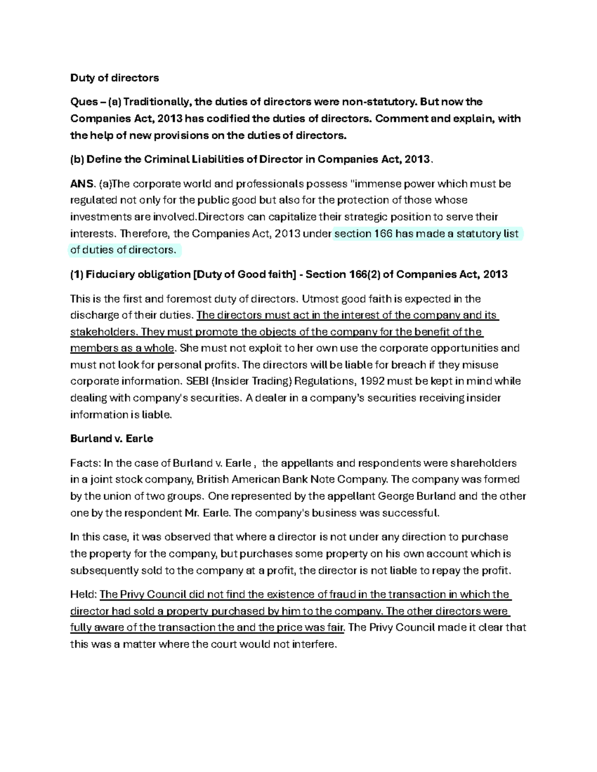 Duty of directors - Duty of directors Ques – (a) Traditionally, the ...