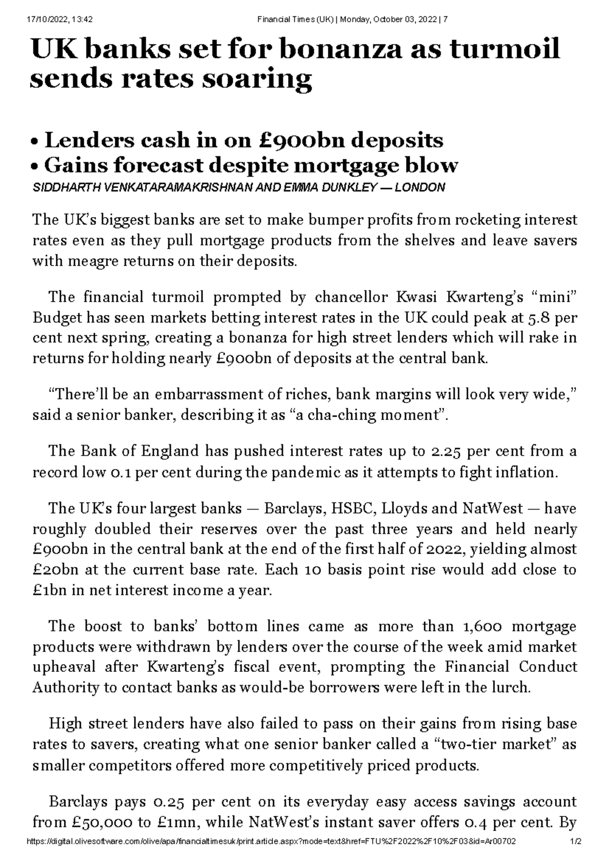 UK banks set for bonanza as turmoil sends rates soaring - 17/10/2022 ...