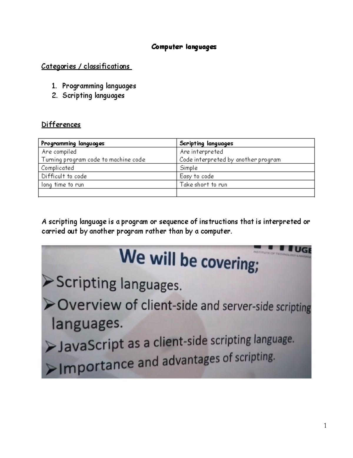 Section 1 - Introduction to internet technologies - Computer languages Categories ...