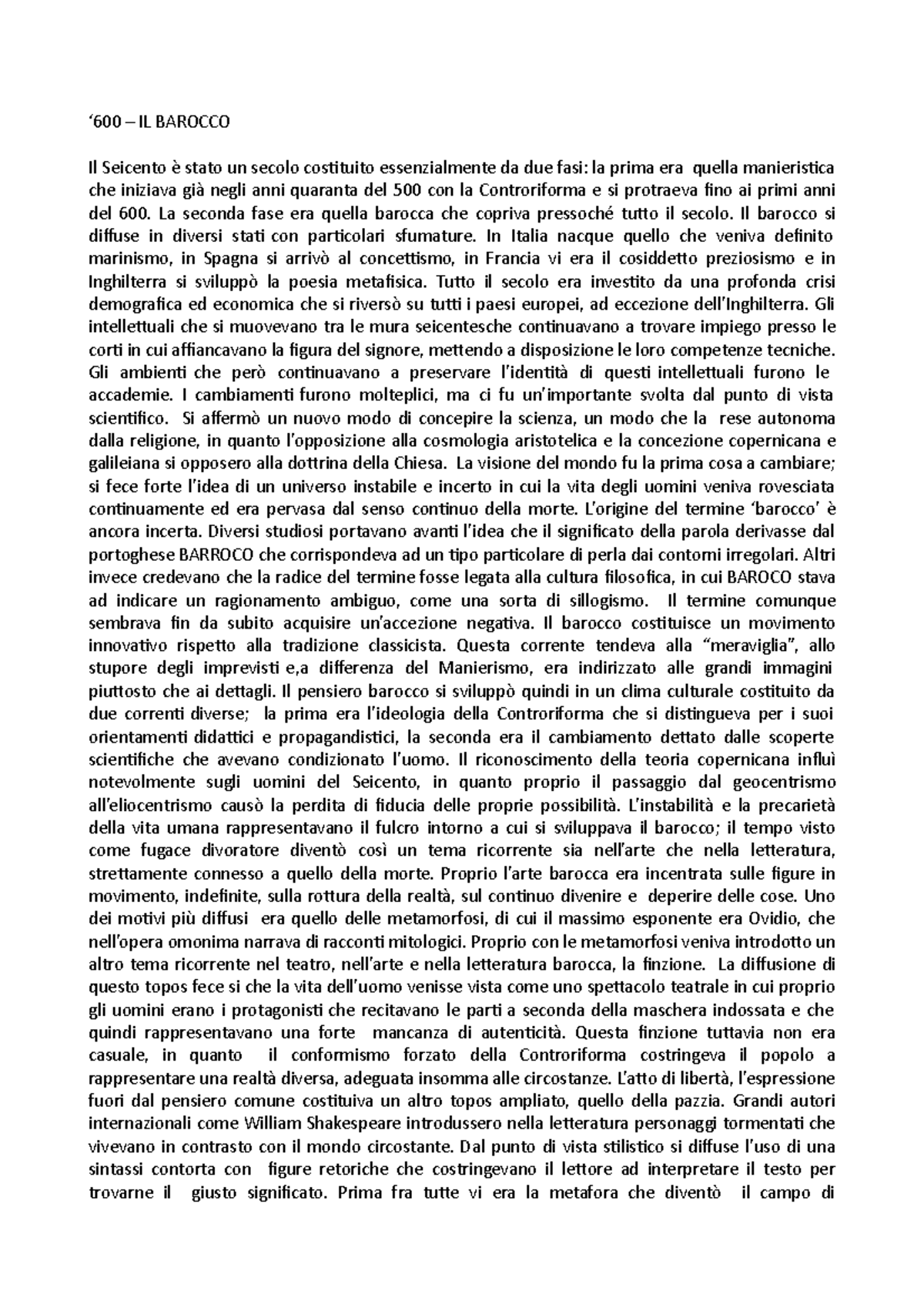 ‘600 – IL Barocco - Riassunto Manuale di letteratura italiana medievale ...