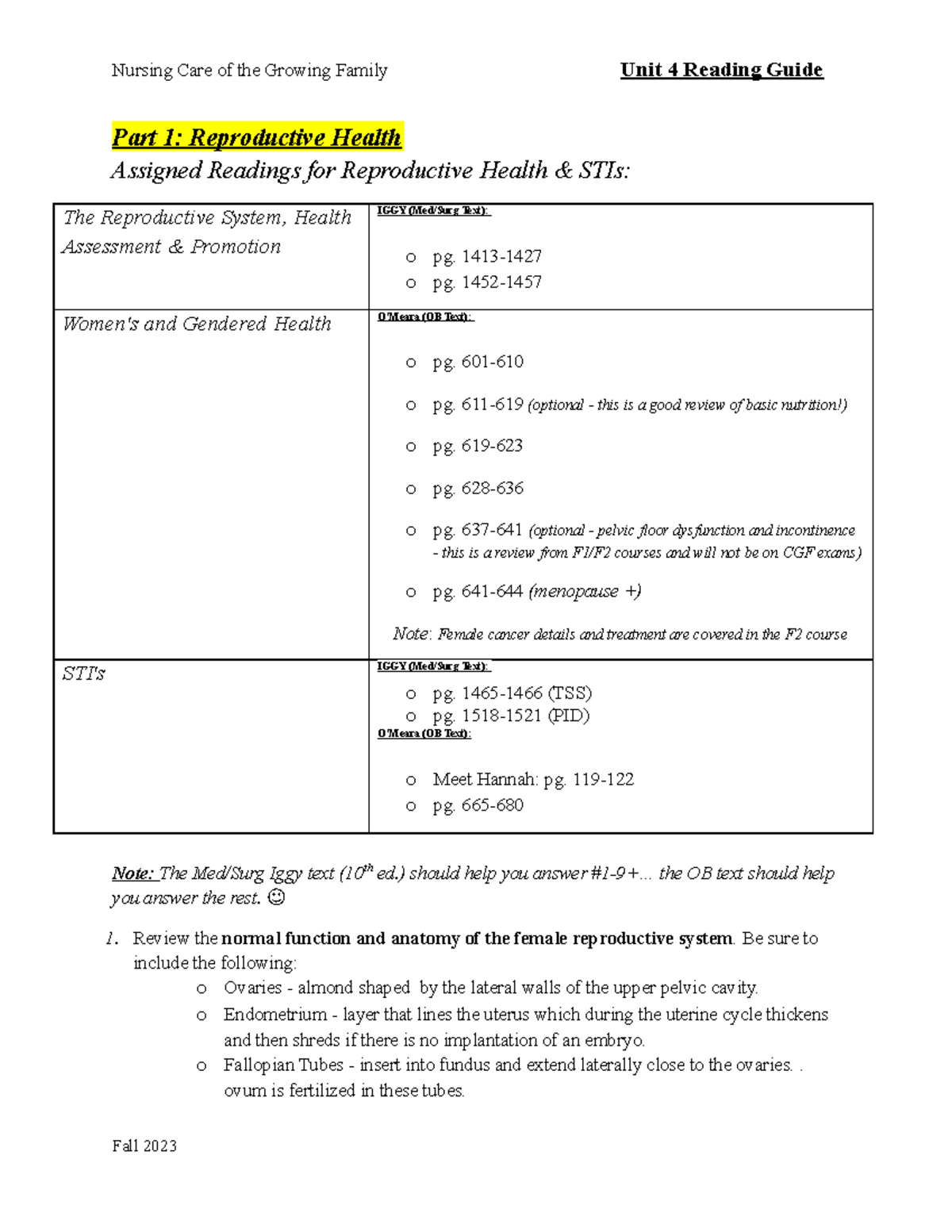 Unit 4 Reading Guide Fall 2023 - Nursing Care of the Growing Family ...