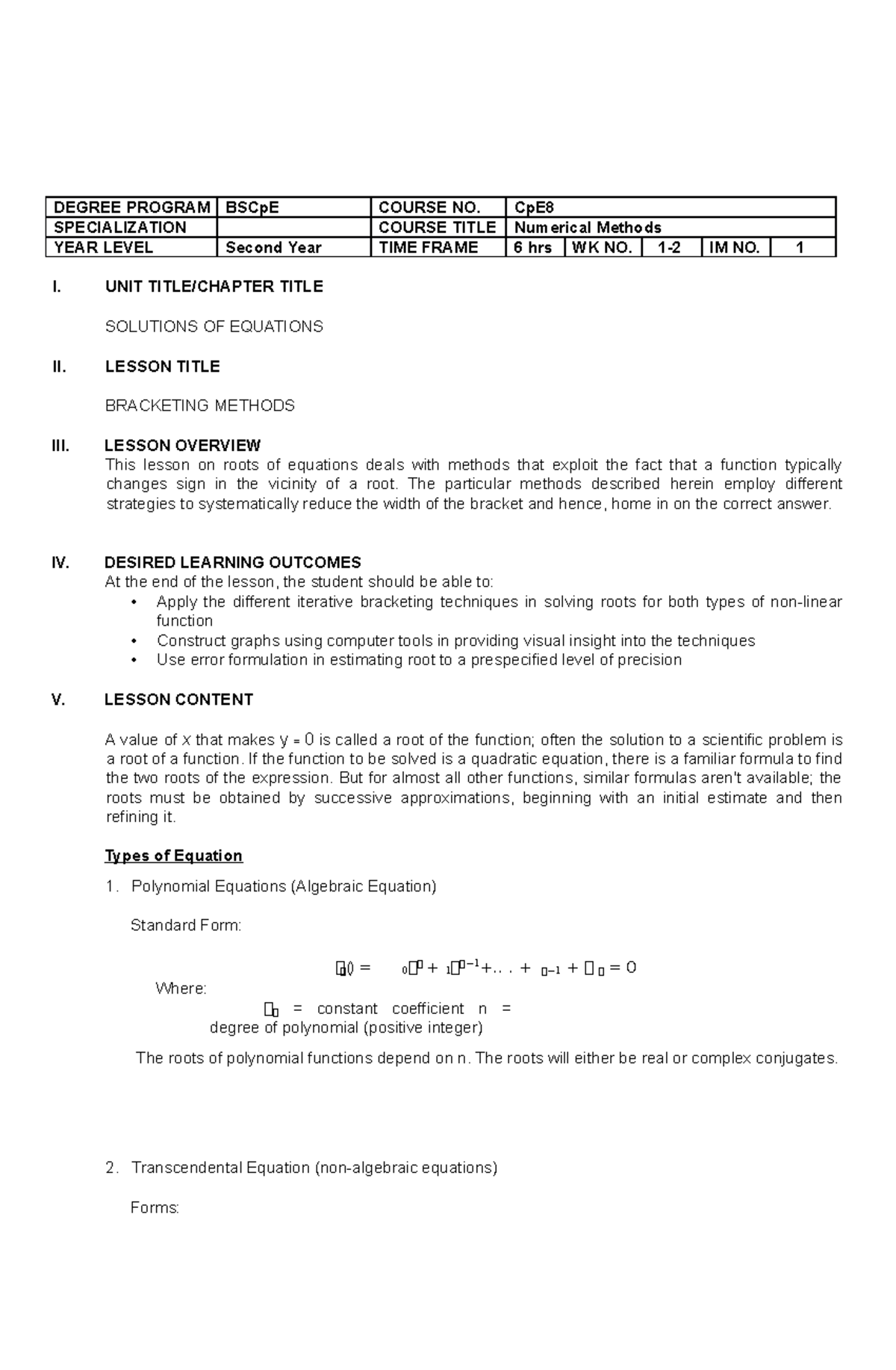 Module 1 Solutions of Equations - DEGREE PROGRAM BSCpE COURSE NO. CpE SPECIALIZATION COURSE ...