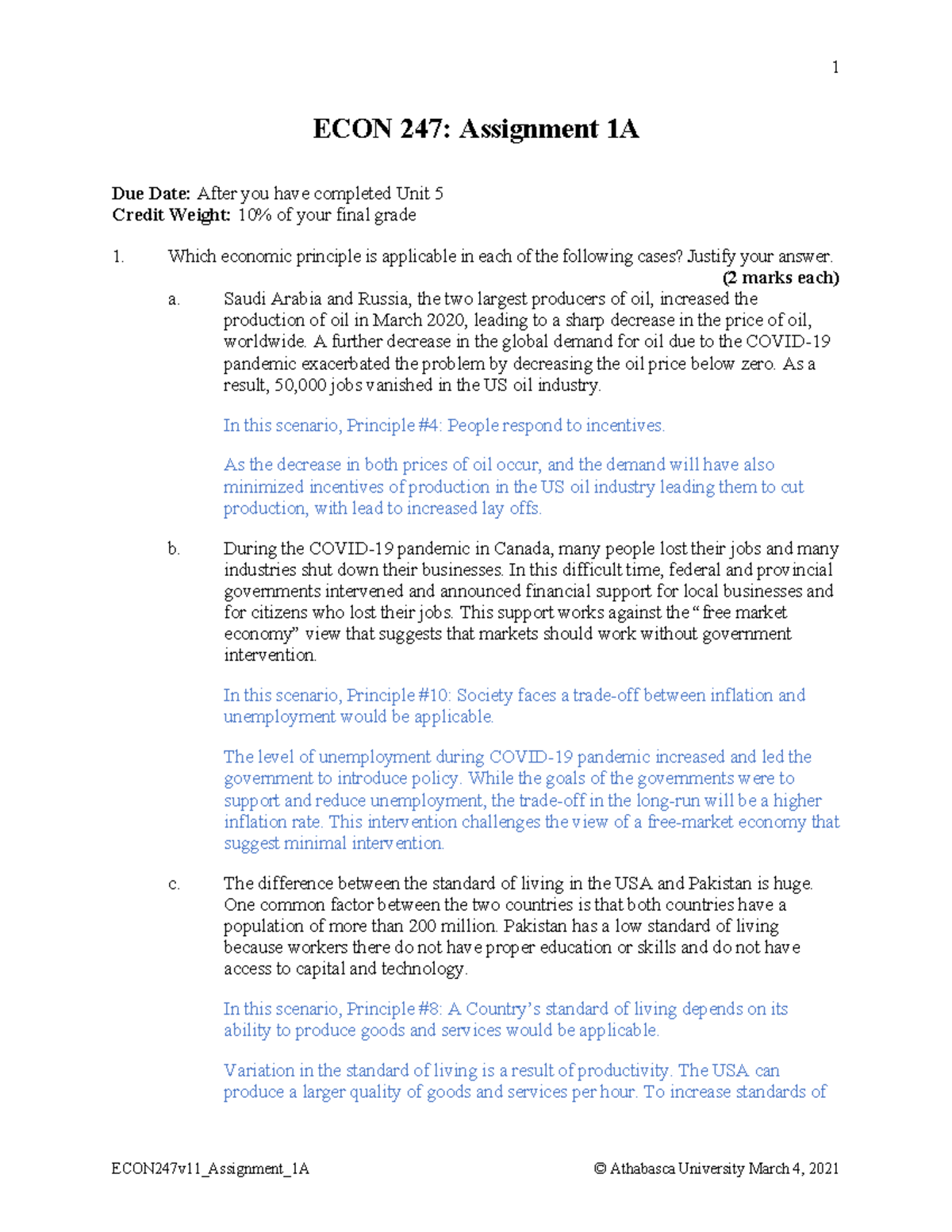 Econ 247 Assignment 1A - ECON 247: Assignment 1A Due Date: After you ...