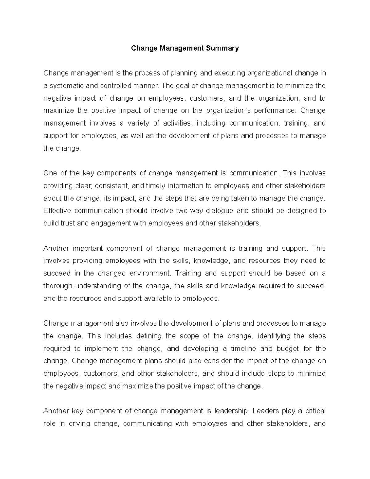 Change Management Summary - Change Management Summary Change management ...