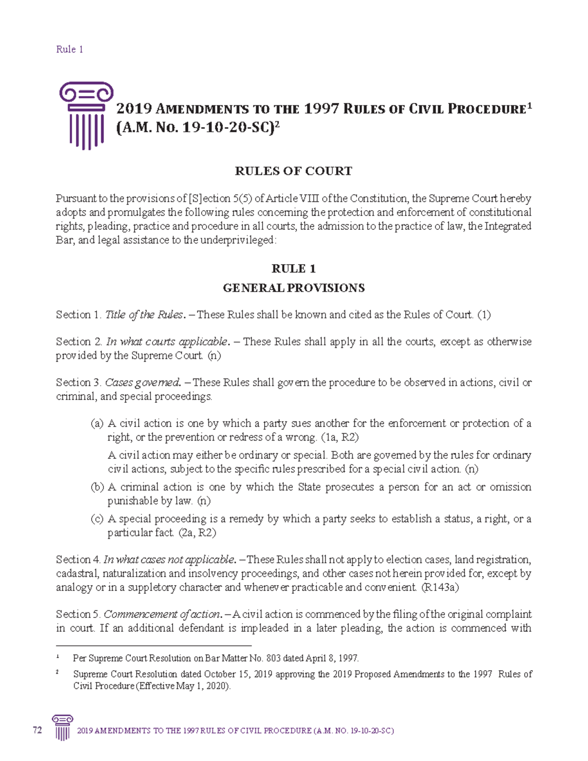 Civil pro Rule 1-18 - 1 Per Supreme Court Resolution on Bar Matter No ...