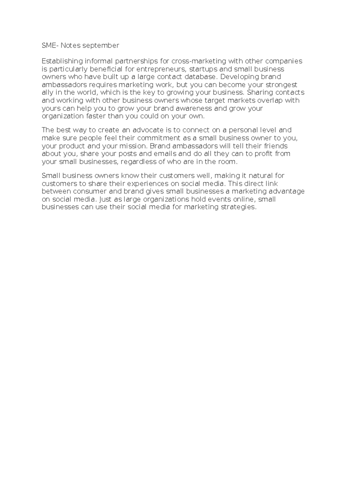 SME- Notes september - SME- Notes september Establishing informal ...