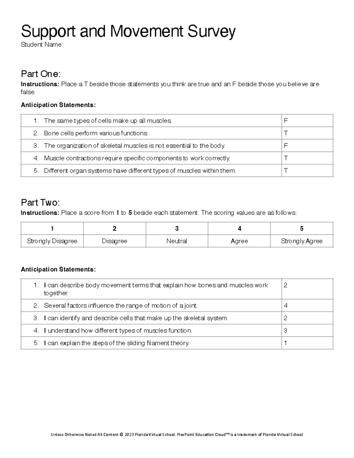 2.00 survey anatomy-2 - Support and Movement Survey Student Name: Part ...
