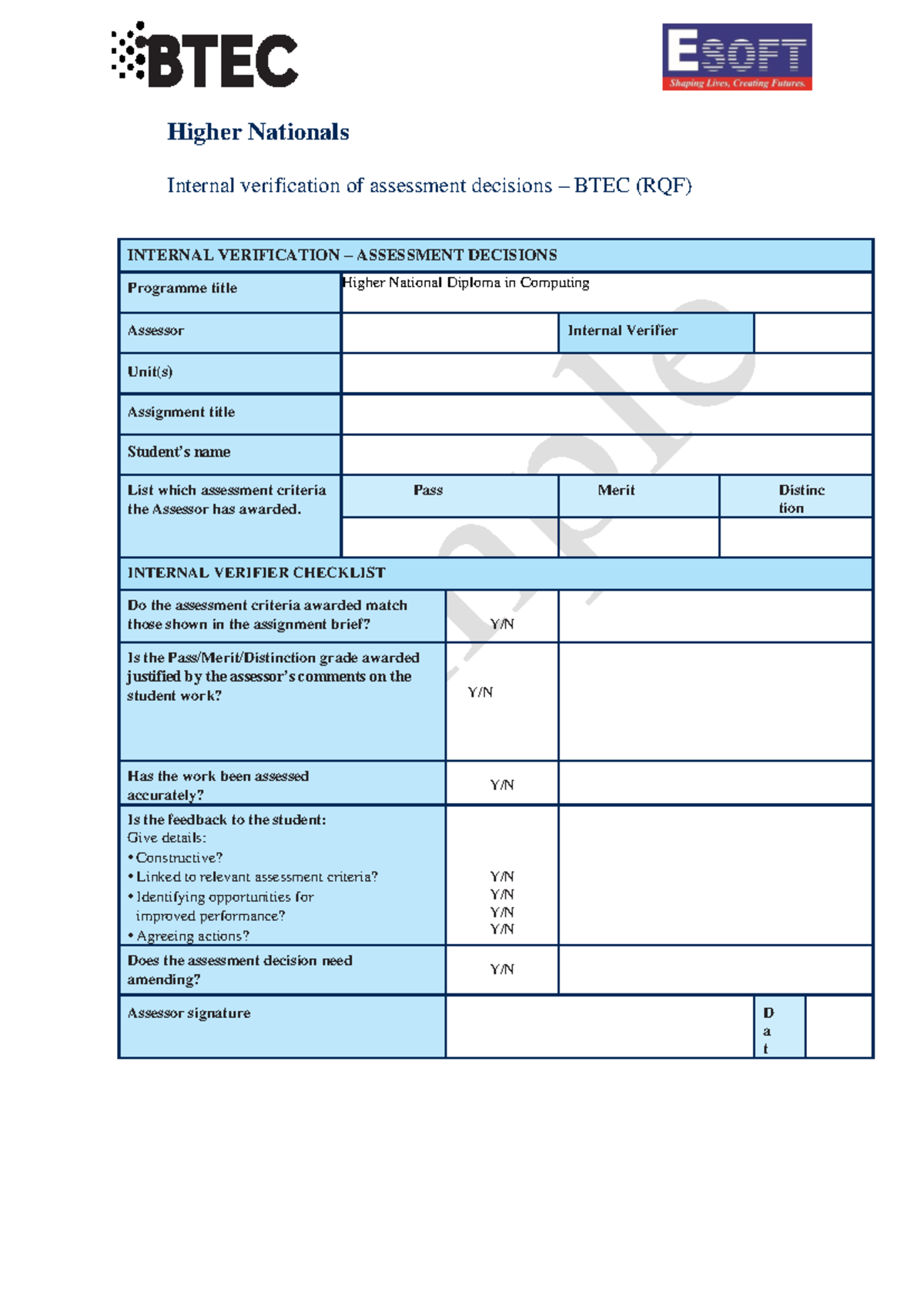 Programming - Sample 2 - Higher Nationals Internal verification of assessment decisions – BTEC ...