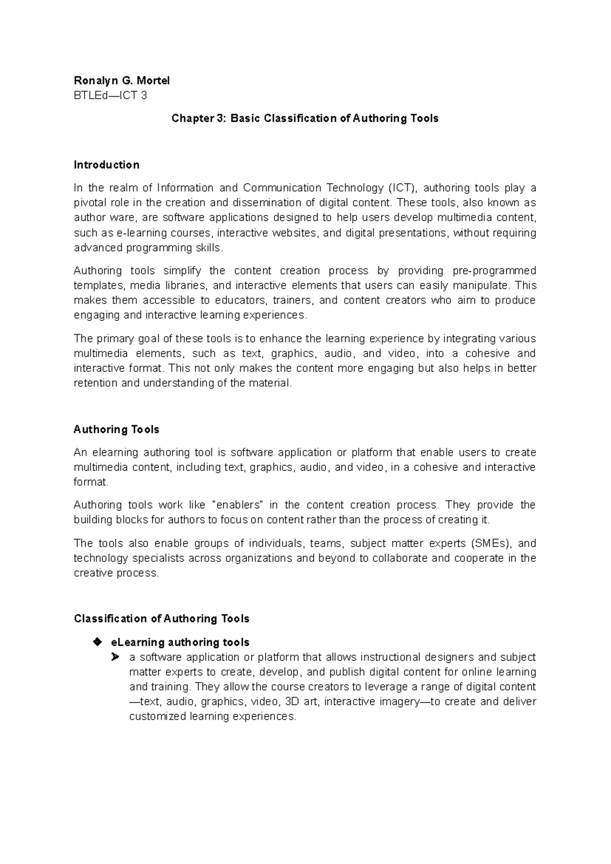 Chapter 3 Basic Classification of Authoring Tools - Ronalyn G. Mortel BTLEd—ICT 3 Chapter 3 ...