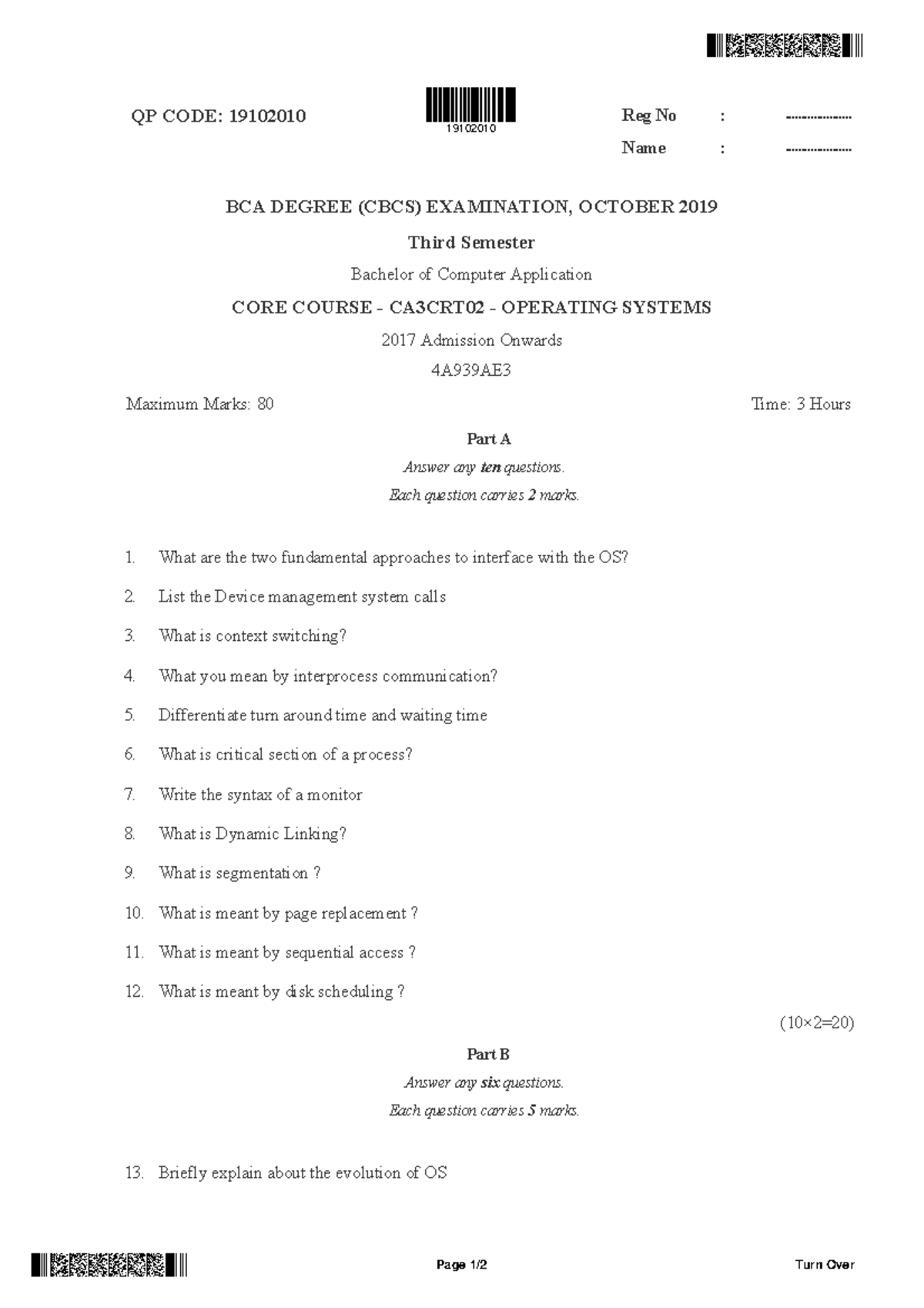 2019 - OS Question paper 2019 - QP CODE: 19102010 Reg No ...