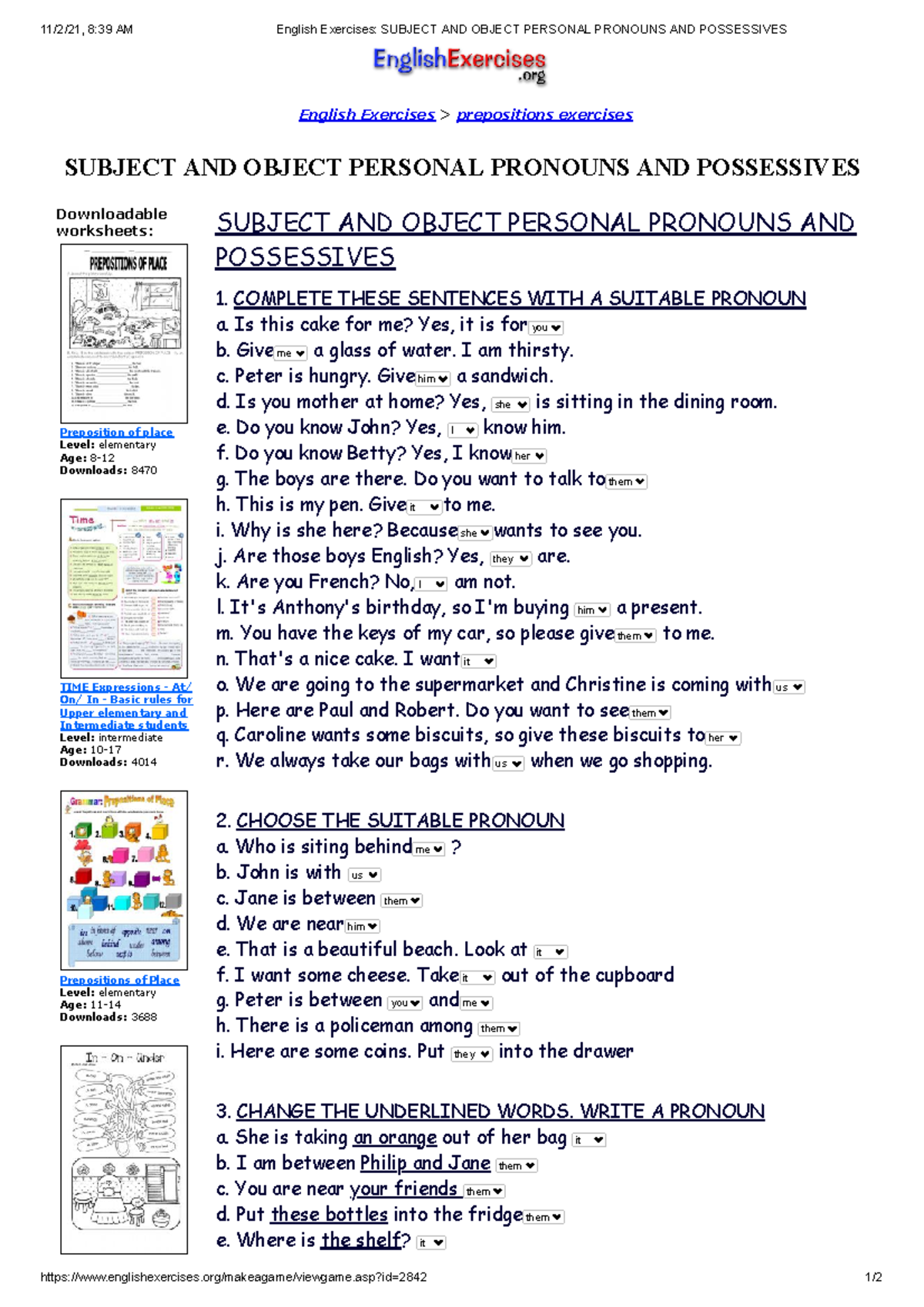 English Exercises Subject AND Object Personal Pronouns AND Possessives ...