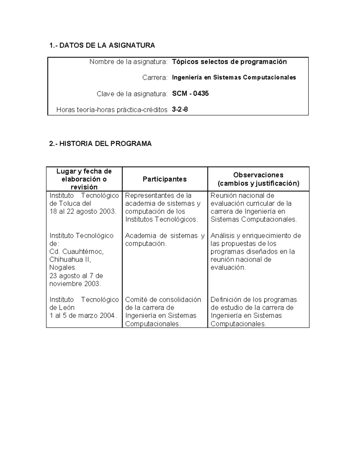 Topicos Selectos de Programacion ISC - 1.- DATOS DE LA ASIGNATURA Nombre de la asignatura ...