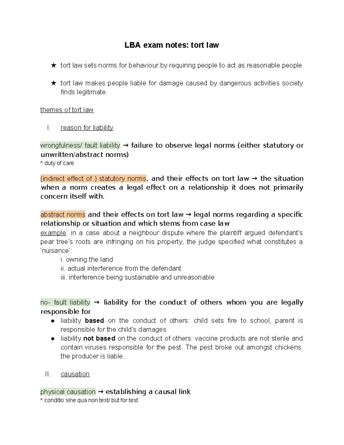 LBA notes - LBA exam notes: tort law ★ tort law sets norms for ...