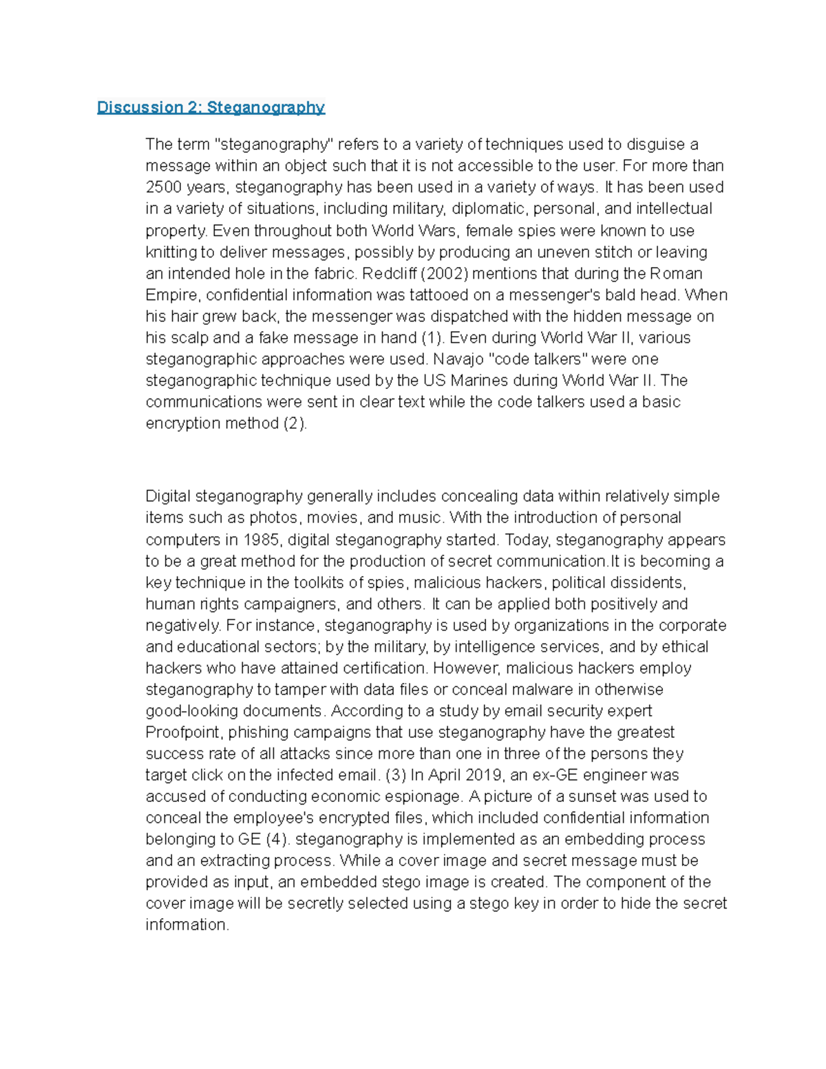 Discussion 2 Steganography - Discussion 2: Steganography The term "steganography" refers - Studocu