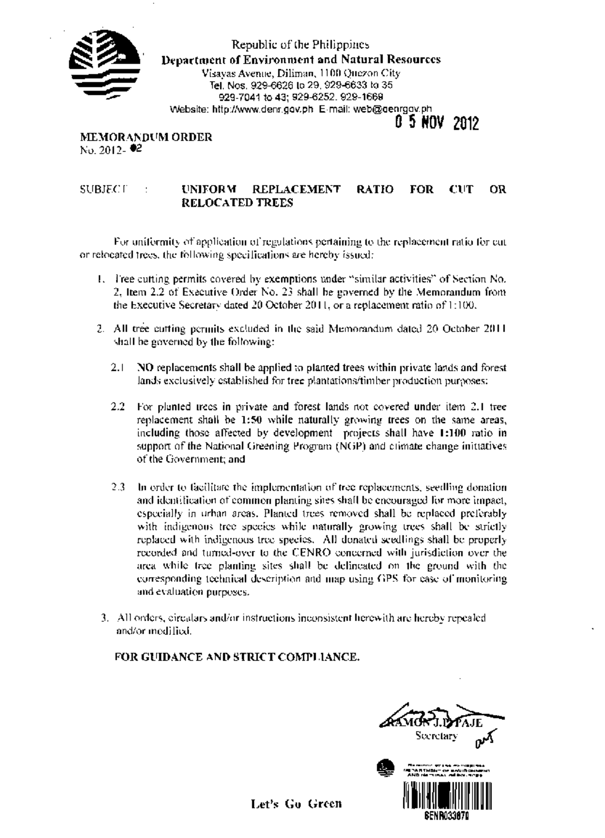 Uniform Replacement Ratio for Cut or Relocated Trees - Republic of the ...
