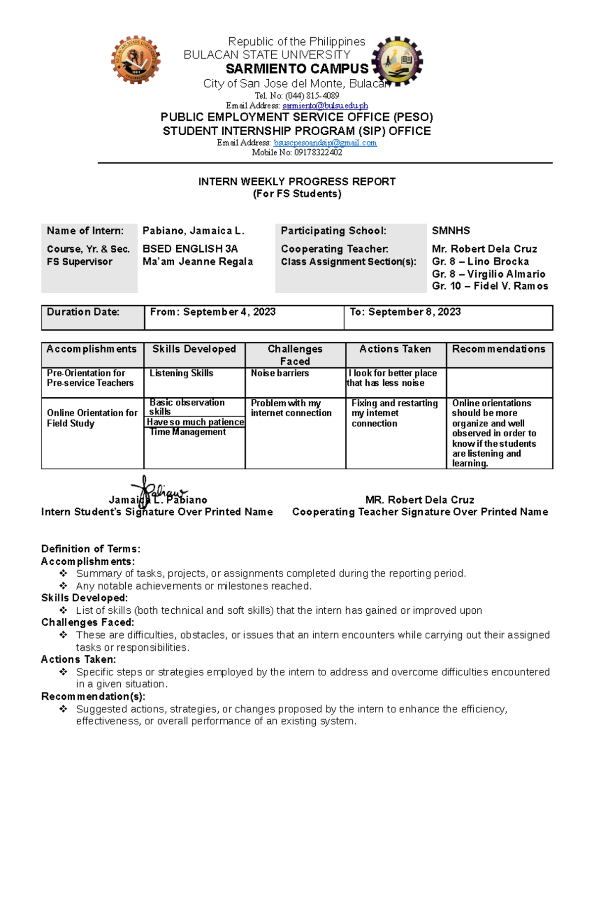 Pabiano Progress Report-FS1 - INTERN WEEKLY PROGRESS REPORT (For FS Students) Name of Intern ...