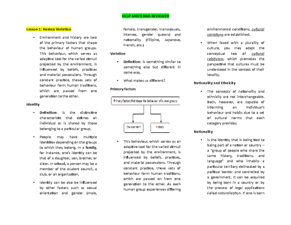 UCSP Midterms Reviewer - Lesson 1: Human Variation Environment and ...