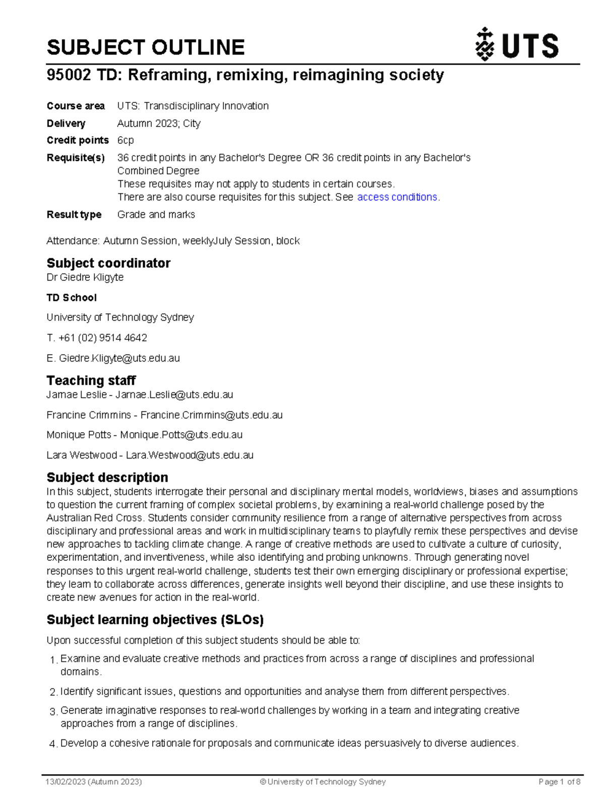 TD outline - SUBJECT OUTLINE 95002 TD: Reframing, remixing, reimagining ...