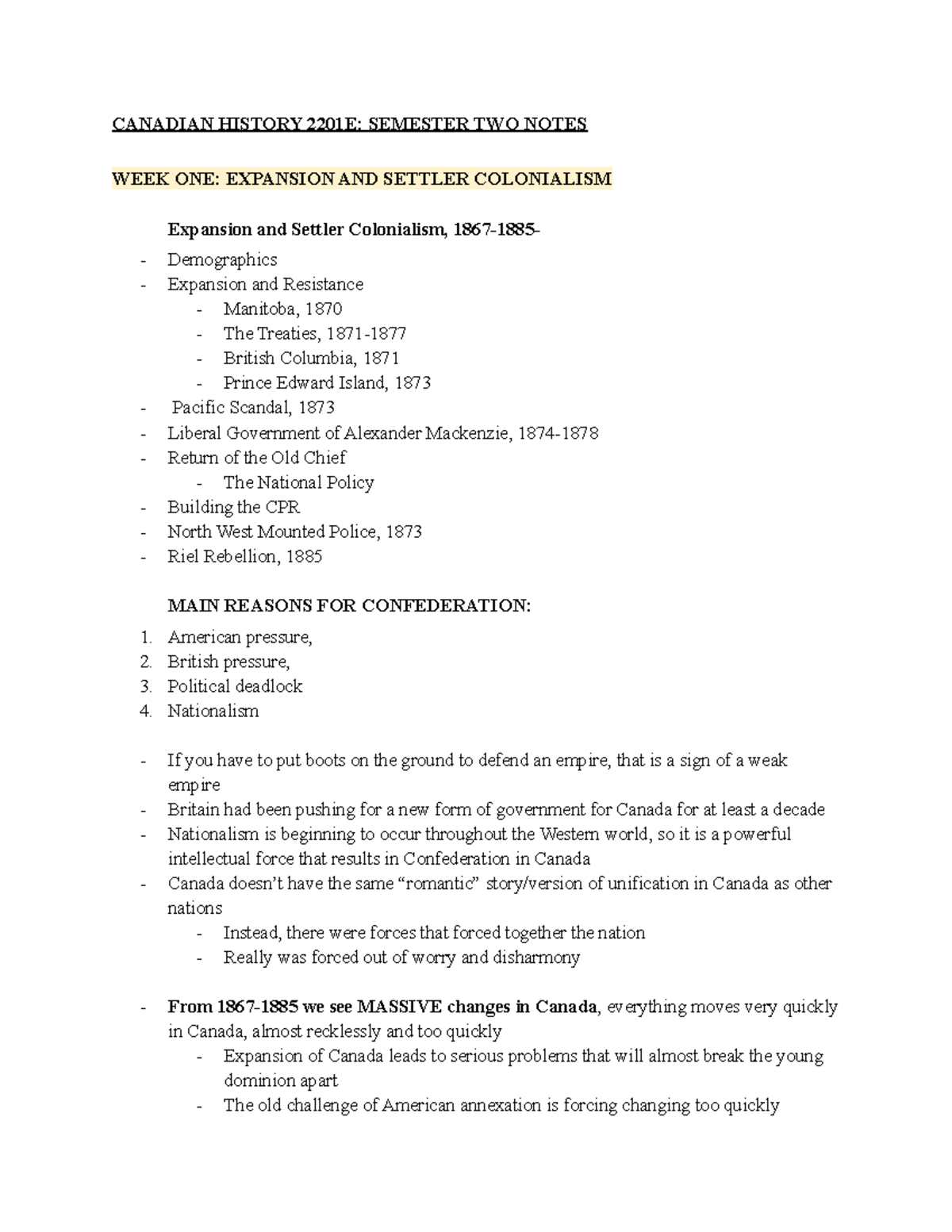 2201E Canadian History SEM 2 Notes - CANADIAN HISTORY 2201E: SEMESTER ...