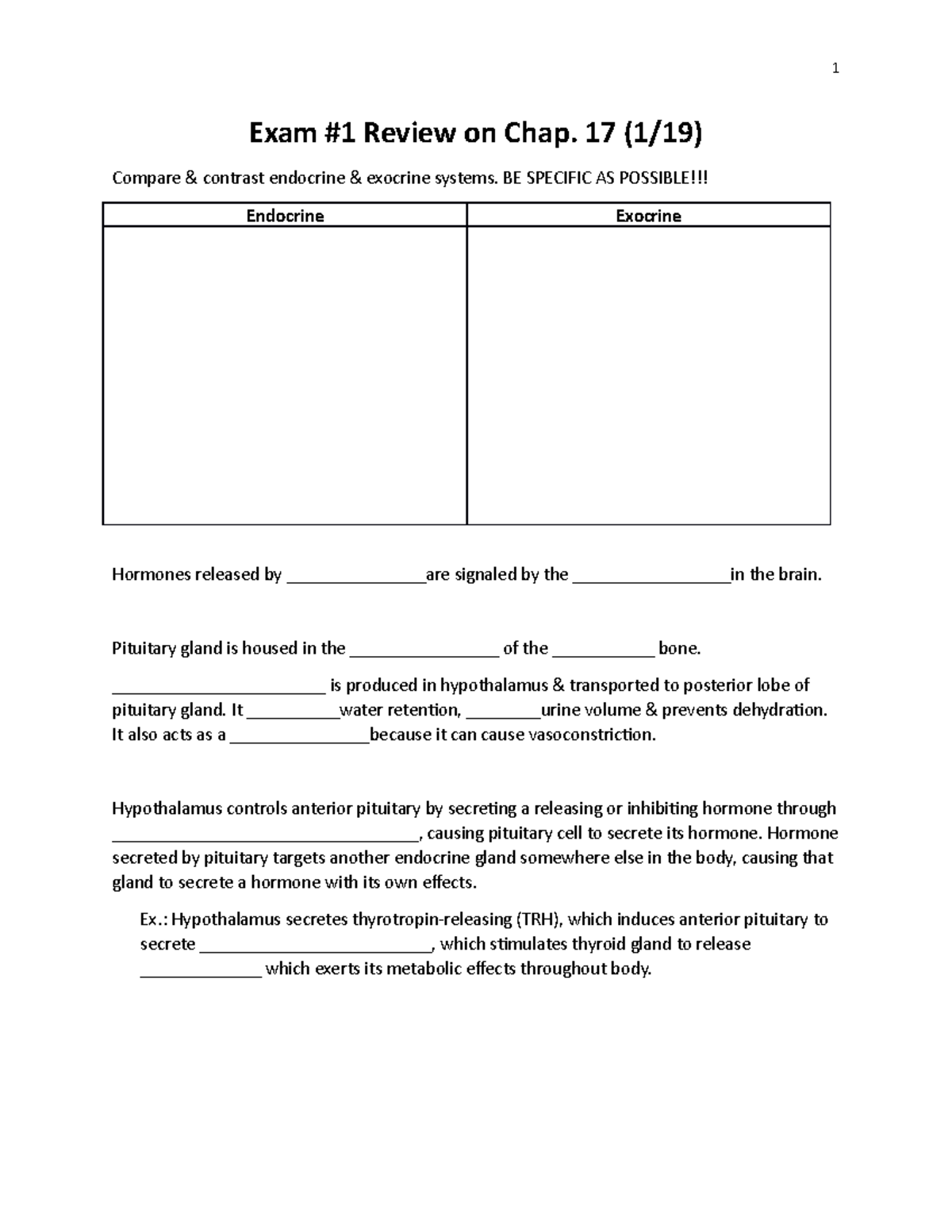 Endocrinology Review Sheet - Exam #1 Review on Chap. 17 (1/19) Compare ...