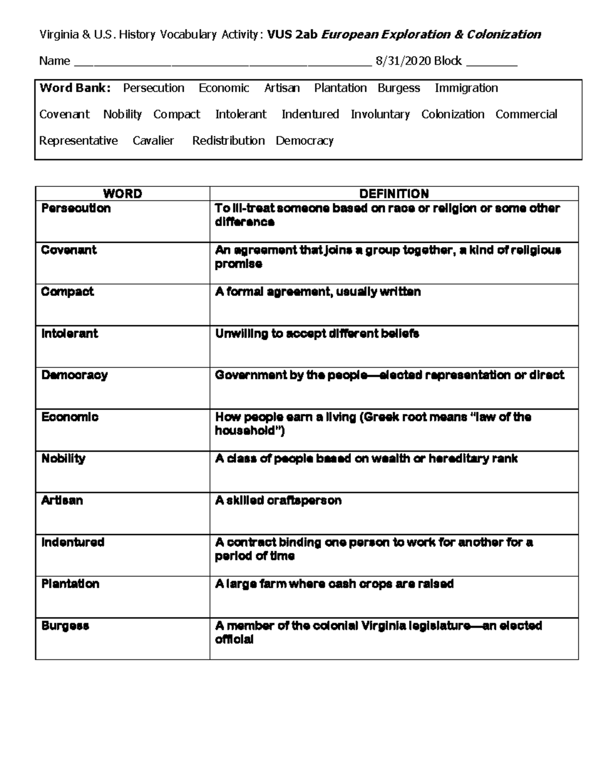 Vus 2 vocabulary sheet words and definitions - Virginia & U. History ...