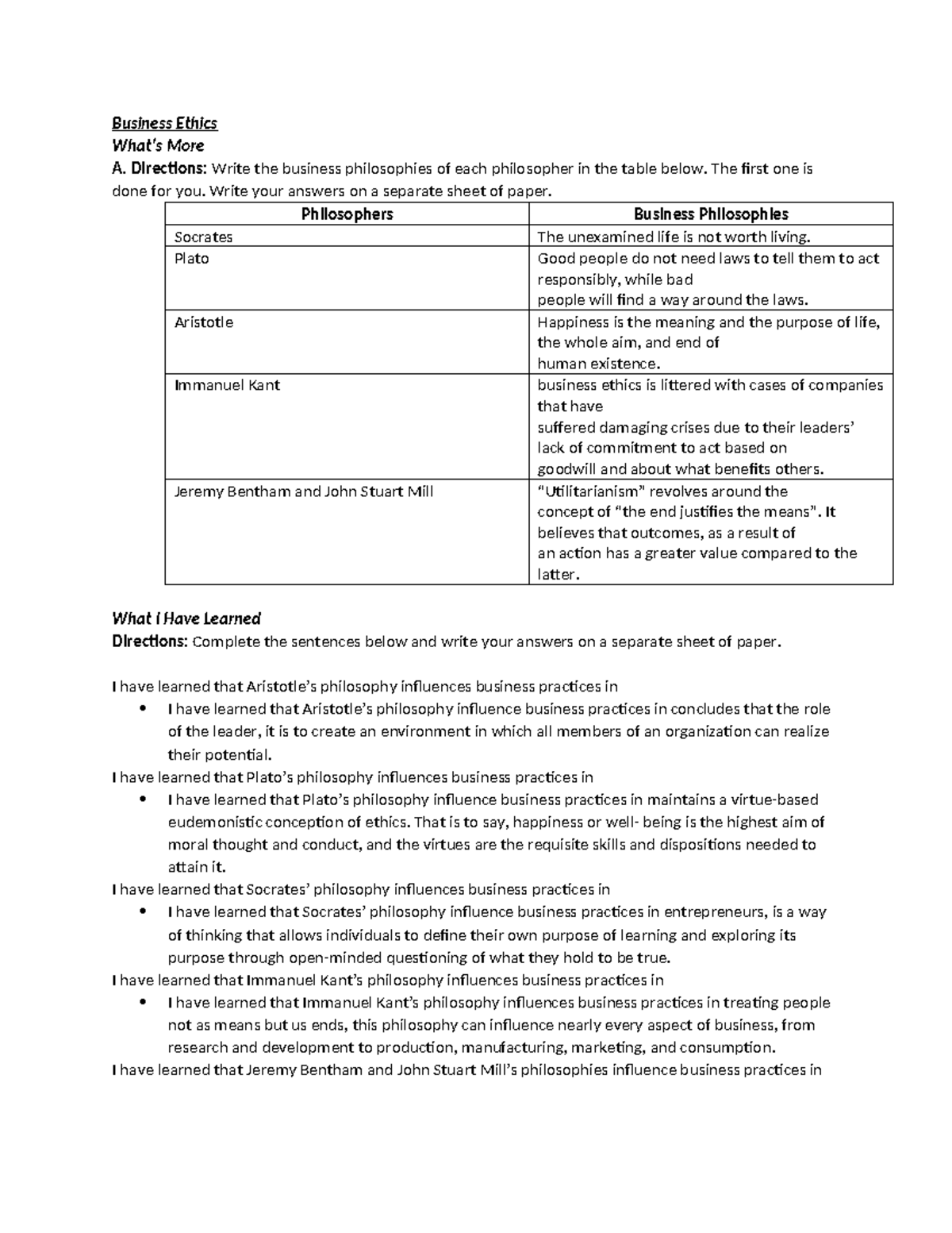 Q3-WEEK 4 Answer - ........ - Business Ethics What’s More A. Directions ...