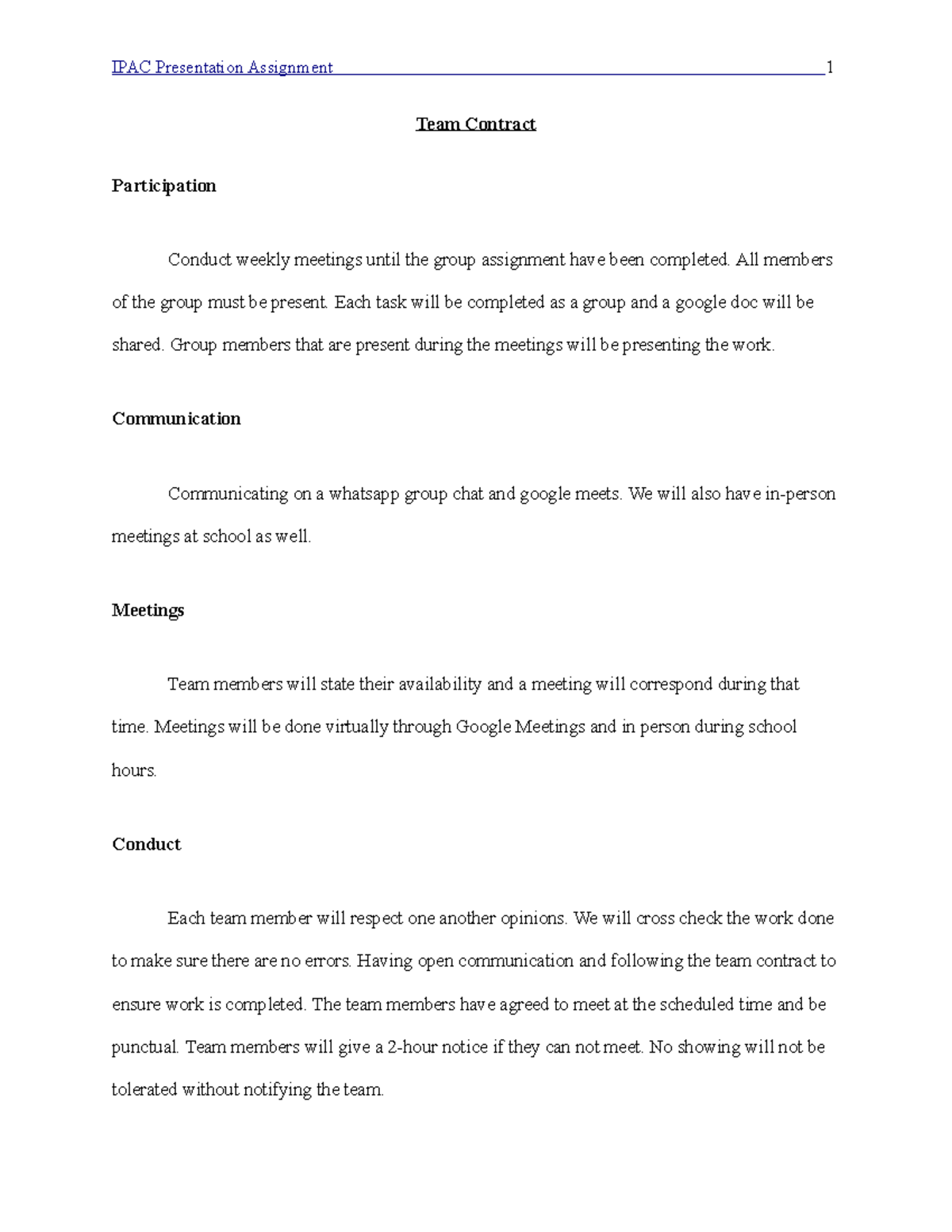 PNC - Team Contract - IPAC Presentation Assignment 1 Team Contract ...