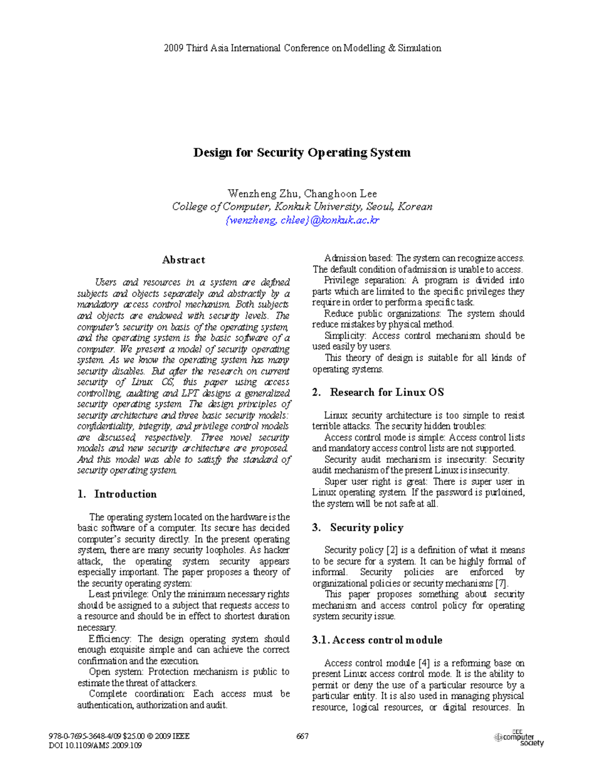 Zhu2009 - Design for Security Operating System Wenzheng Zhu, Changhoon Lee College of Computer ...