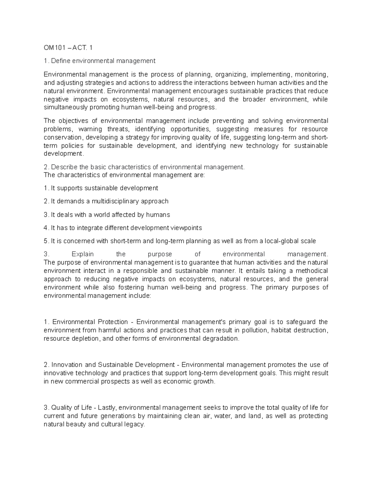 Defining Environmental Management - OM101 – ACT. 1 Define environmental ...