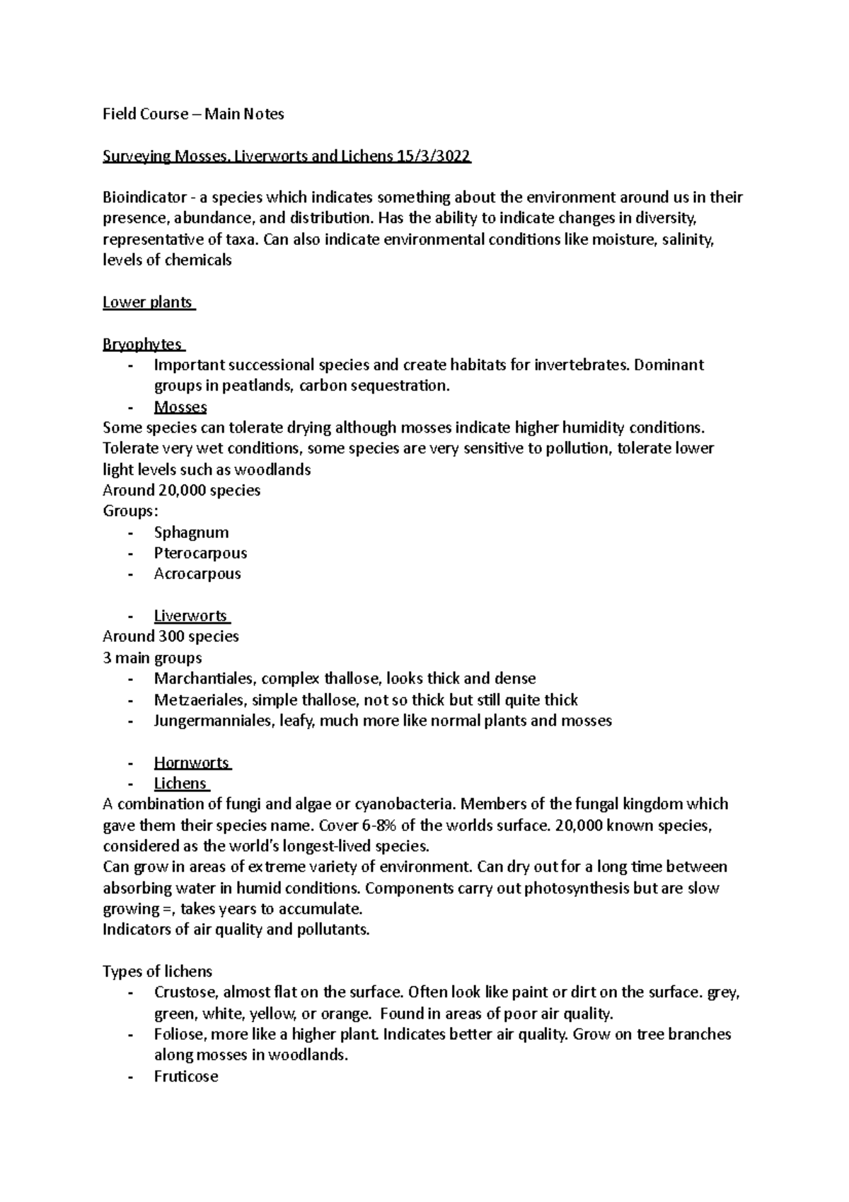 Field Course - Main Notes - Field Course – Main Notes Surveying Mosses ...