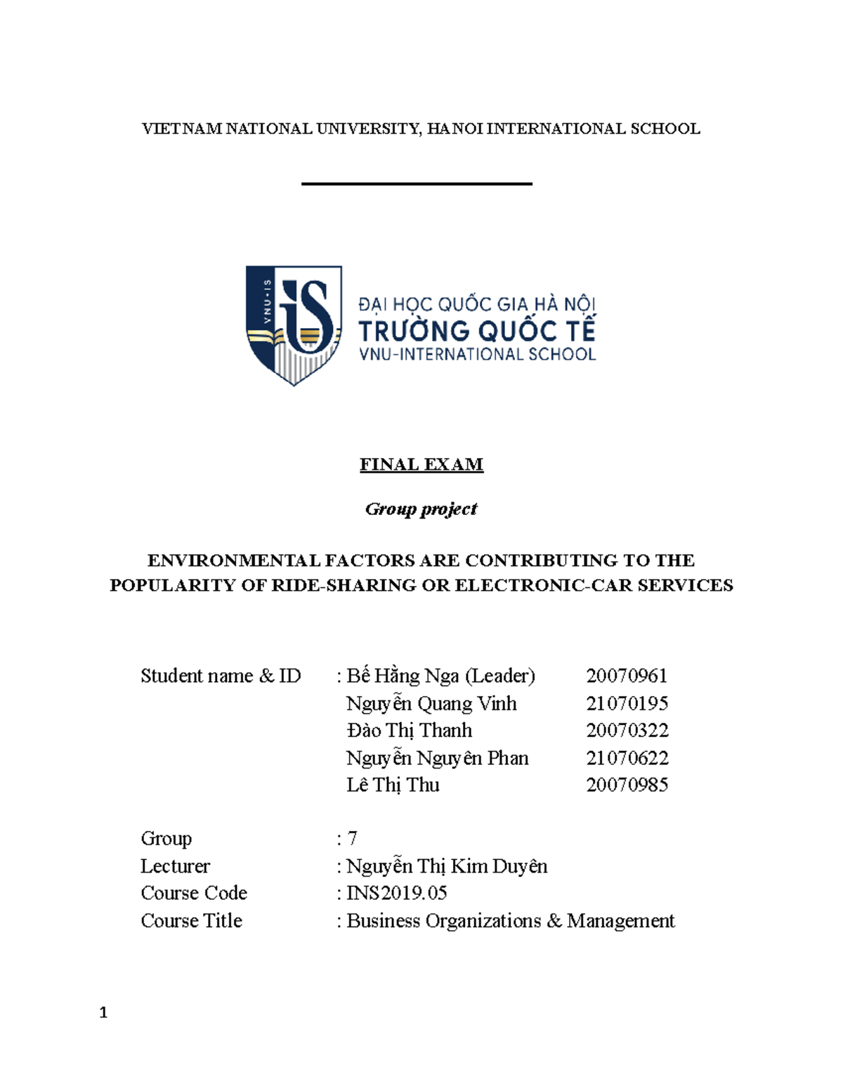 Group 7 INS2019 05 Report for final exam - VIETNAM NATIONAL UNIVERSITY, HANOI INTERNATIONAL ...