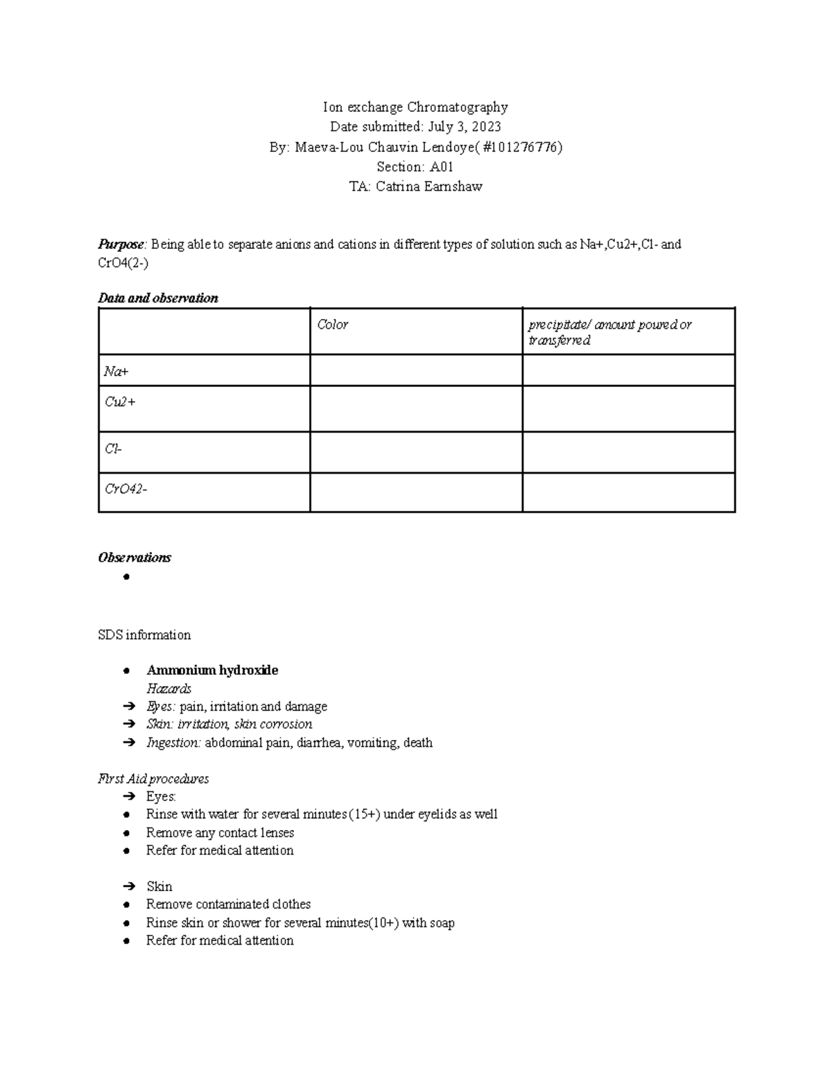 Ion prefab chem 1002 - Ion exchange Chromatography Date submitted: July ...