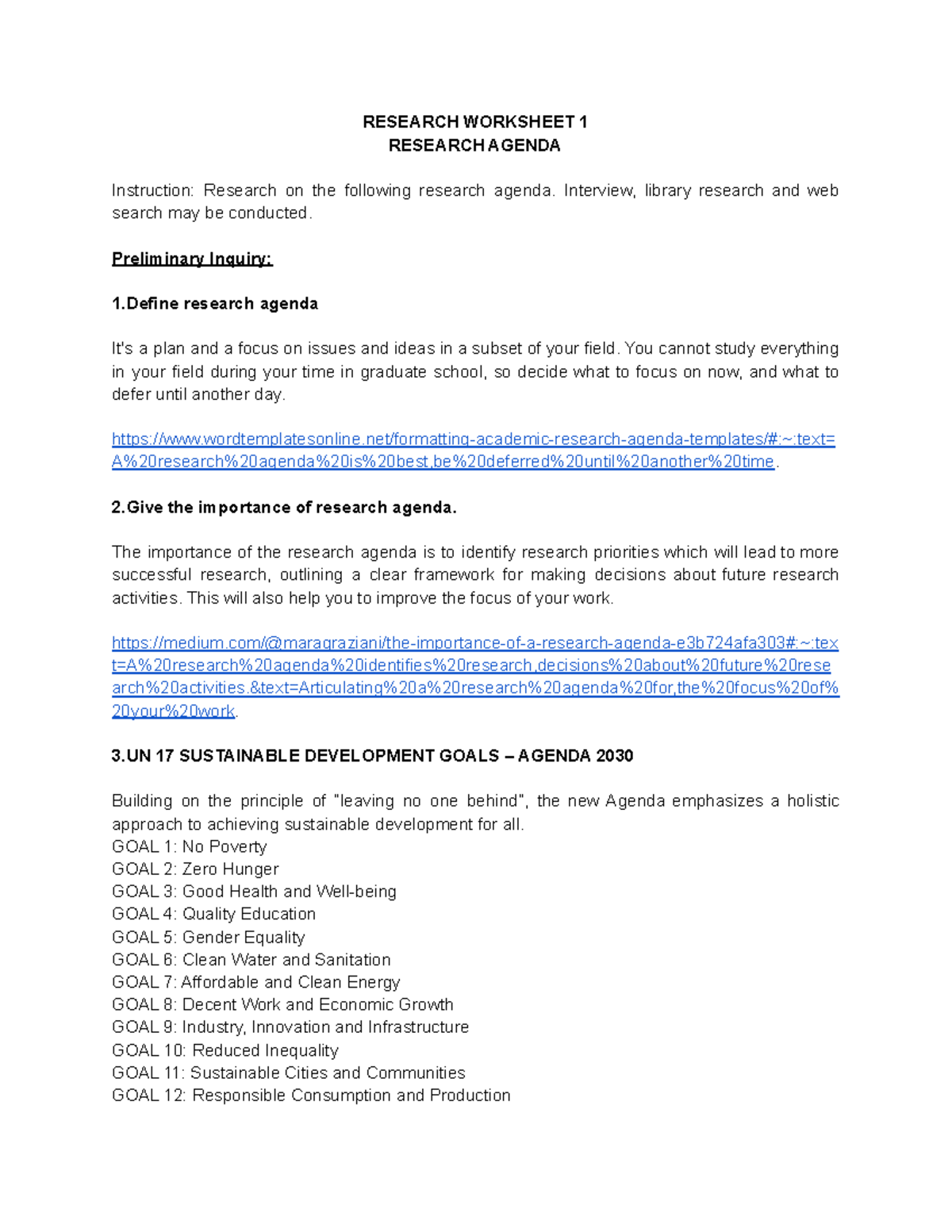 Research Worksheet 1 - RESEARCH WORKSHEET 1 RESEARCH AGENDA Instruction ...