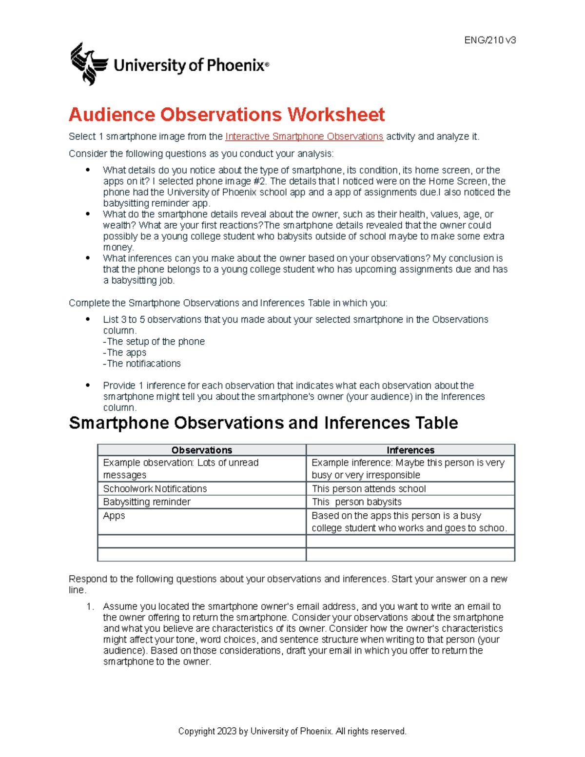 Eng210 v3 wk1 audience observations worksheet - ENG/210 v Audience Observations Worksheet Select ...