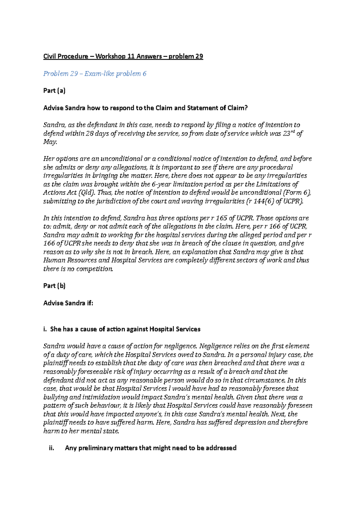 Workshop 11 answers - Civil Procedure – Workshop 11 Answers – problem ...